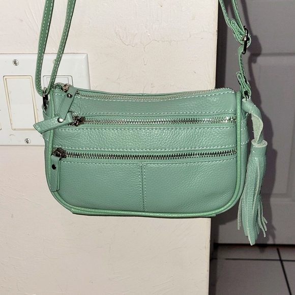 Roman | Bags | Light Green Leather Crossbody Purse Lots Of Pockets ...